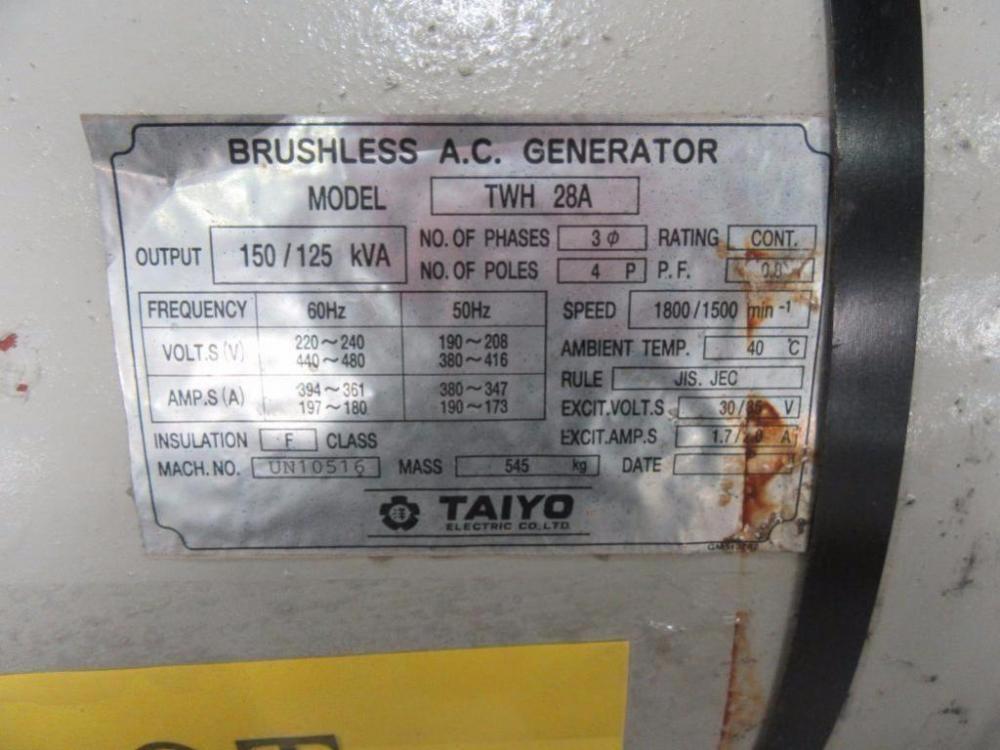 TAIYO 150/125 KVA BRUSHLESS AC GENERATOR, MODEL: TWH 28A, SPEED 1800/ ...