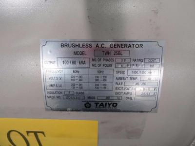 TAIYO 100/80 KVA BRUSHLESS AC GENERATOR, MODEL: TWH 25BL, SPEED 1800/1500 MIN -1